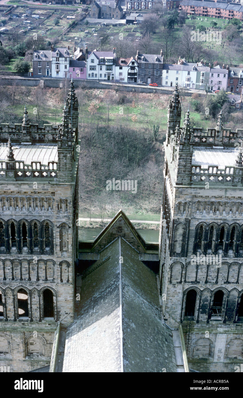 Aerial view from top of main tower of Durham Cathedral over the ...