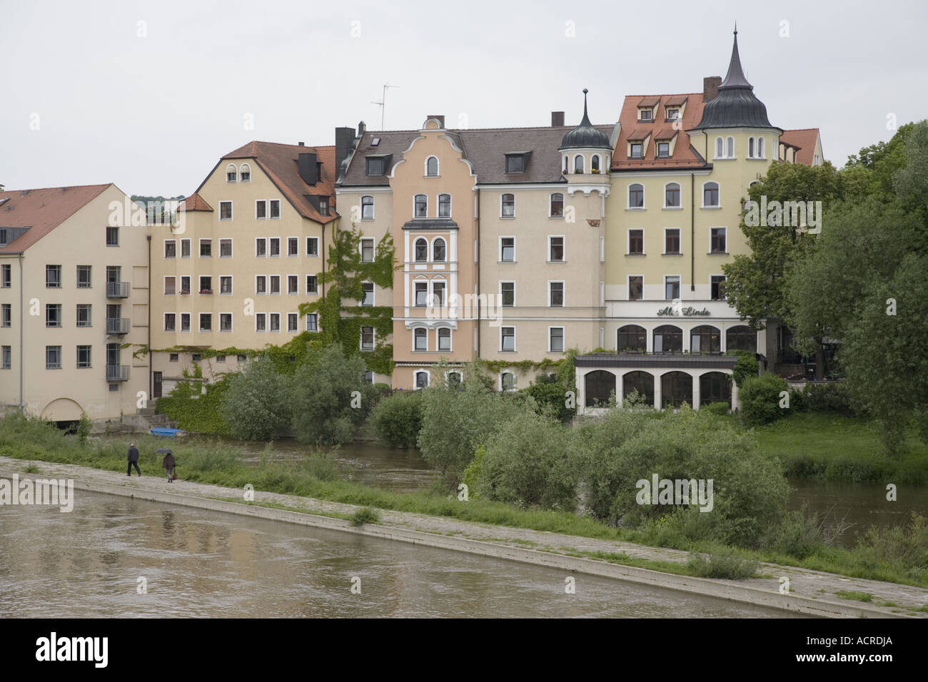Danube River and Riverside Buildings, Regensburg, Germany Stock Photo ...