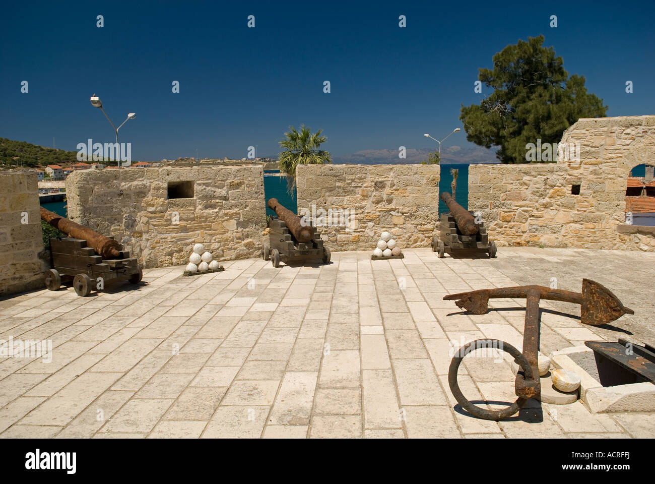 Guns displayed in Cesme Fort (1508) Museum, Aegean, Turkey Stock Photo ...