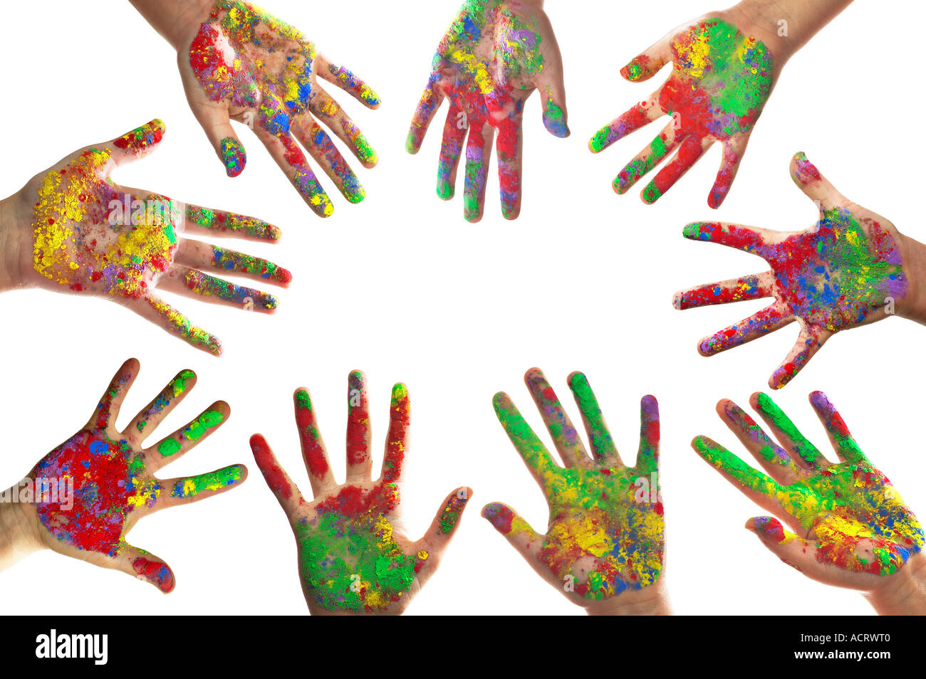 Paint covered hands in circle Stock Photo - Alamy