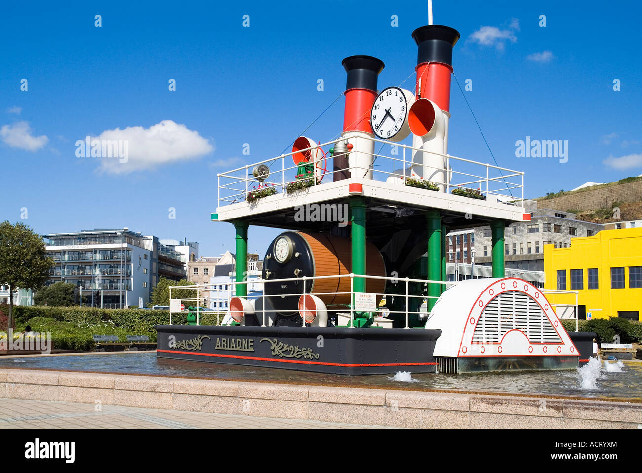 dh ST HELIER JERSEY Steam Clock funnels and ships mock bridge Stock ...