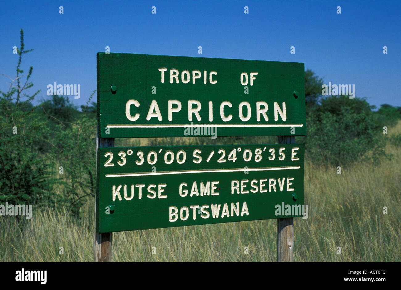 Sign board on the Tropic of Capricorn Khutse Game Reserve Botswana ...