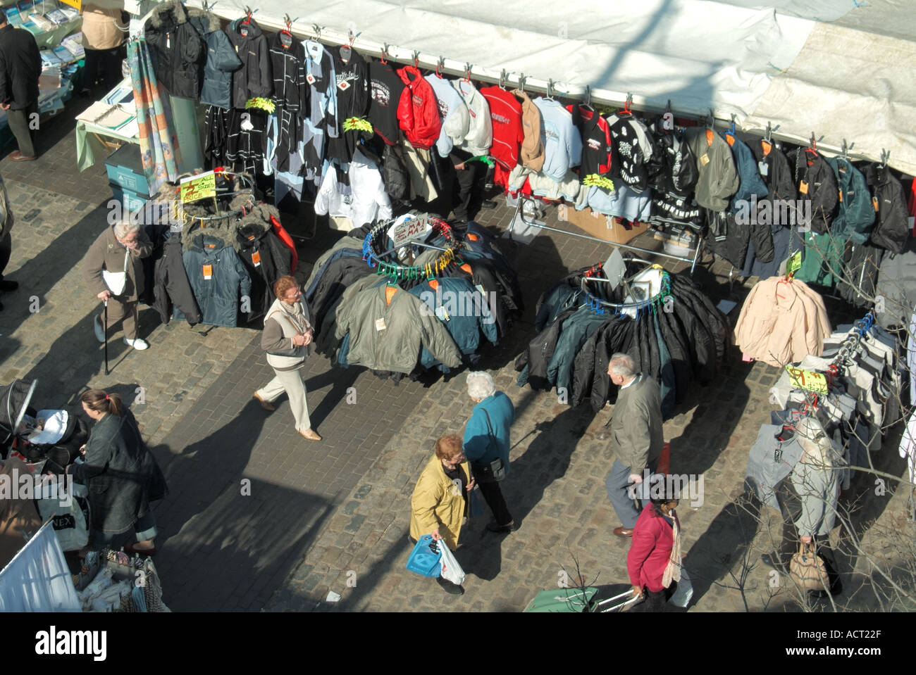 Aerial birds eye view looking down from above shoppers beside clothing ...