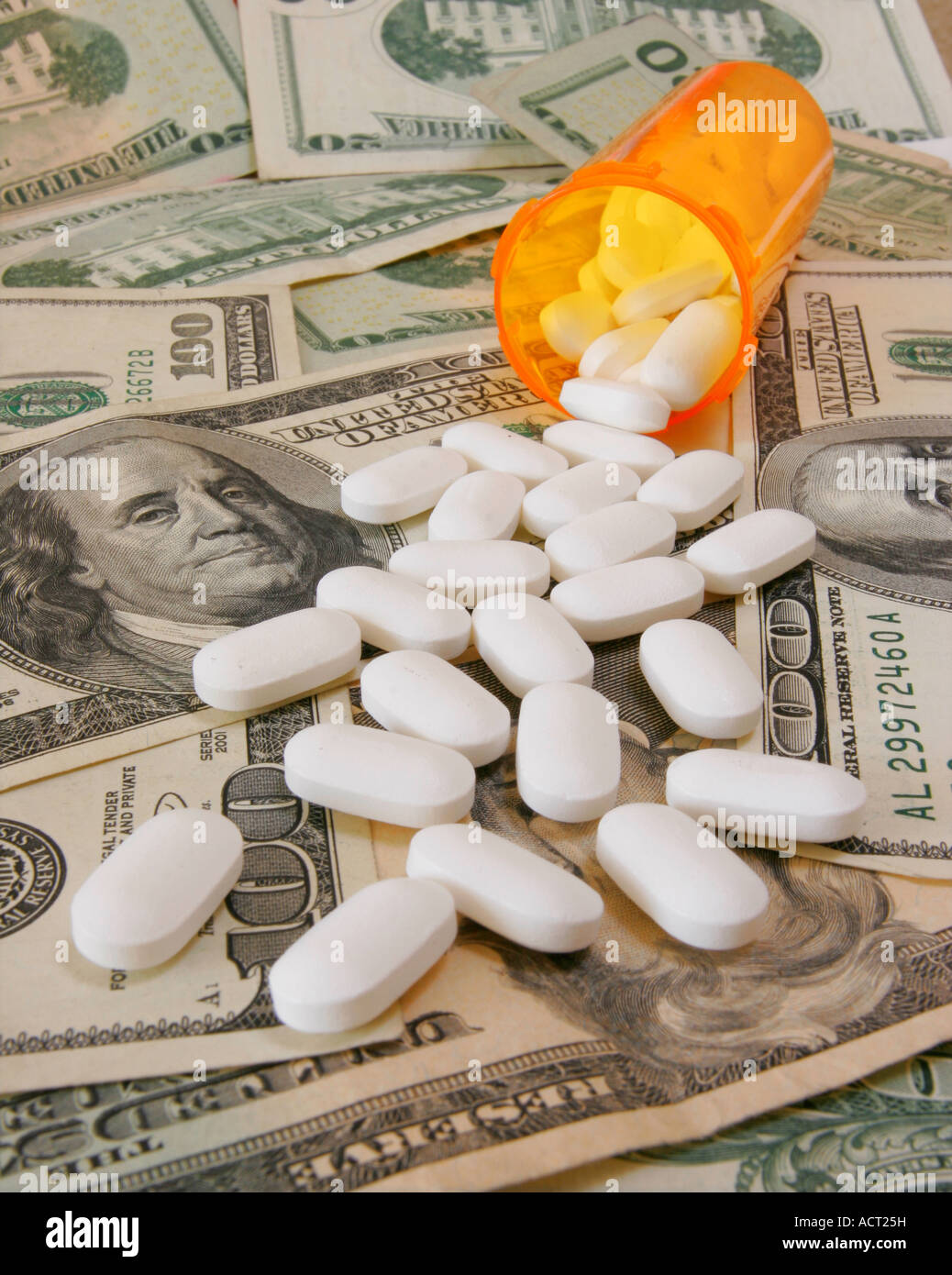 Prescription pills spilling on hundred dollar bank notes Stock Photo ...
