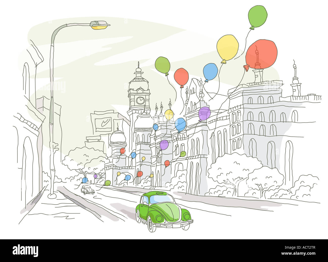 Balloons flying over cars on the road Stock Photo - Alamy