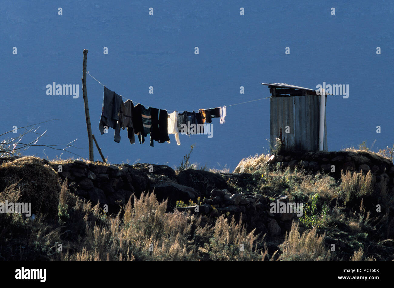 A makeshift clothesline in a remote rural area of Lesotho Stock Photo ...