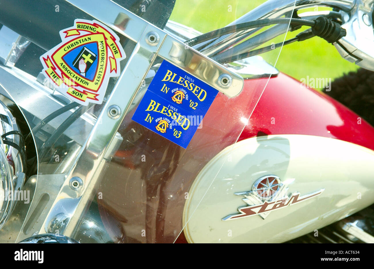 Christian motorcycle club emblems on back and on a Star motorcycle ...