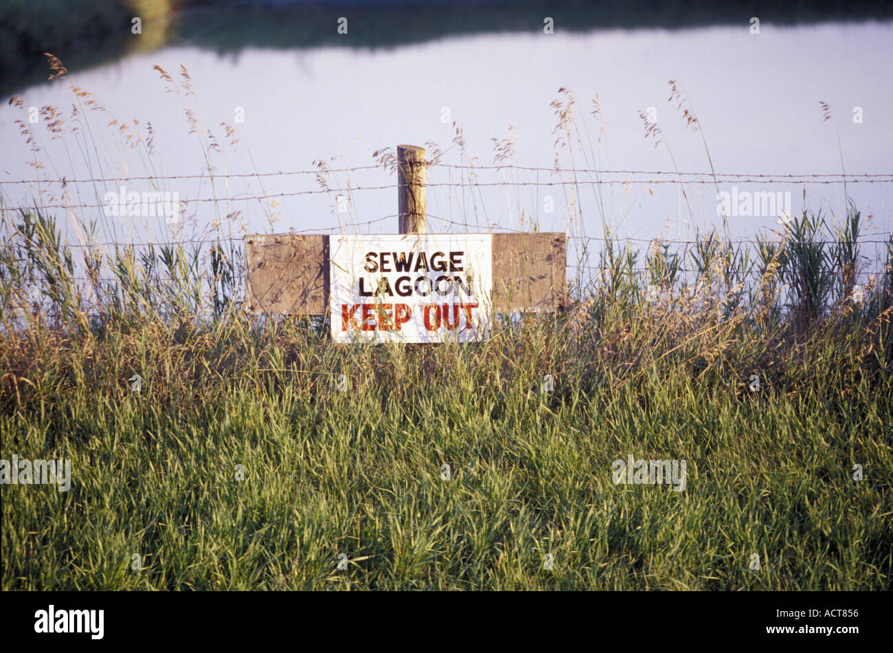 Sewage lagoon keep out sign on fence behind grass in front of pond ...