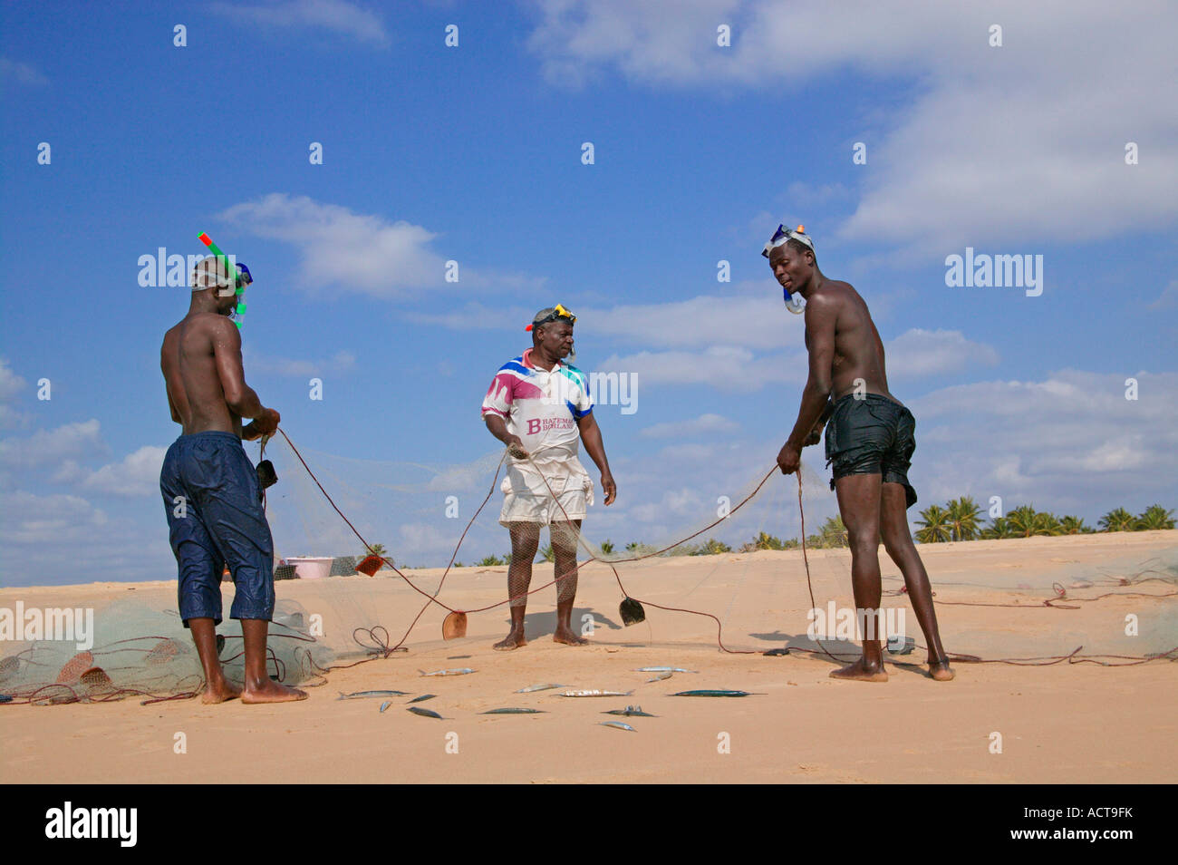 Fishermen inspecting their nets to remove freshly caught fish Barra ...