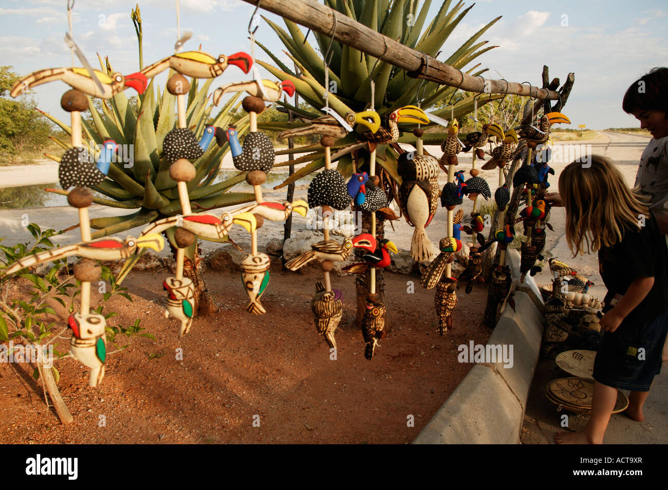 A roadside curios stall selling carved wooden bird mobiles Etosha ...