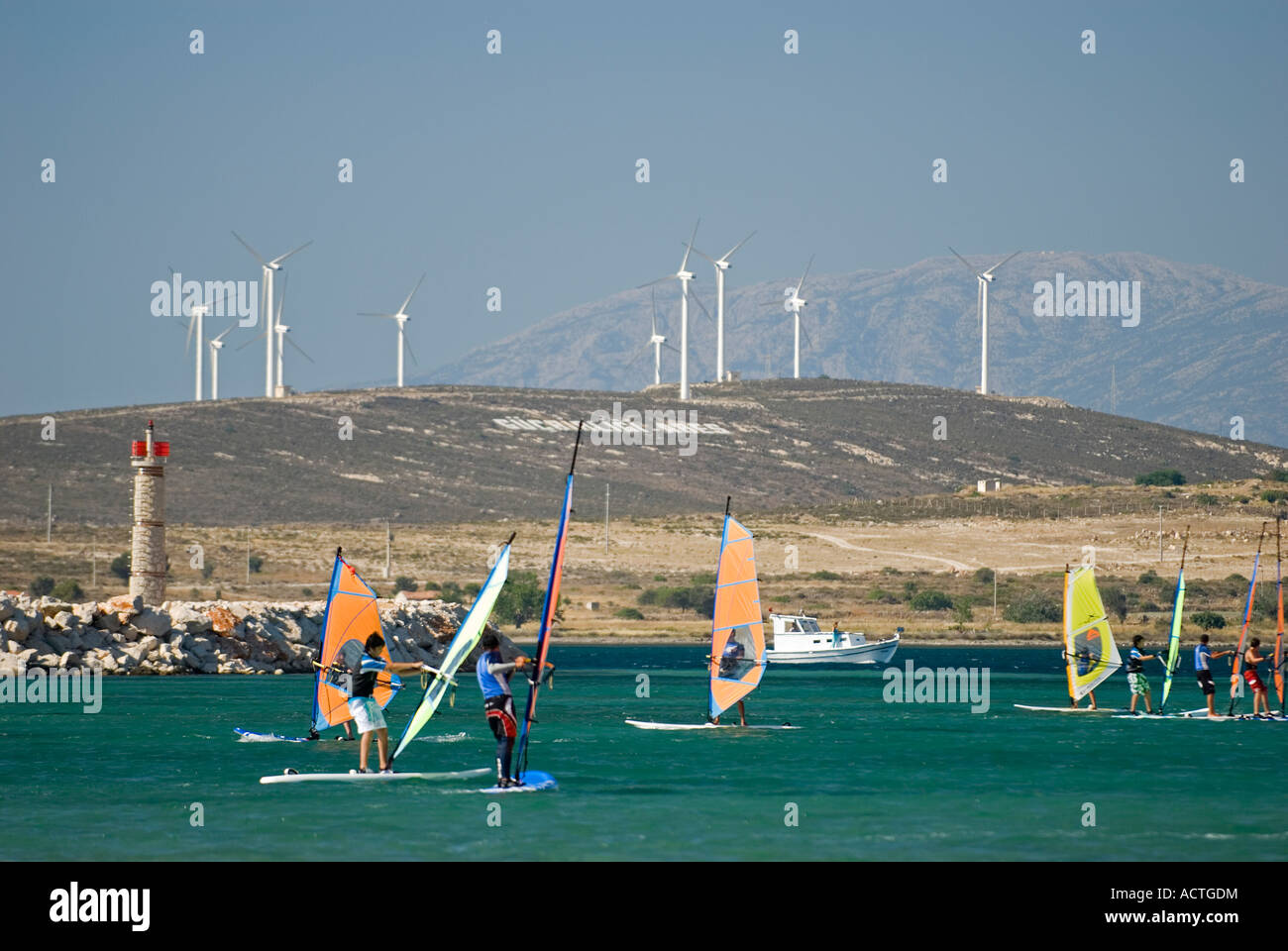 Alacati Surf Paradise and windmills, near Cesme Aegean Turkey Stock ...