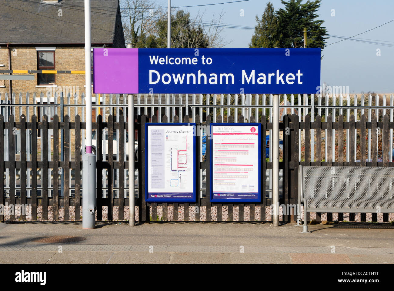 Sign on railway station platform at Downham Market Norfolk England ...