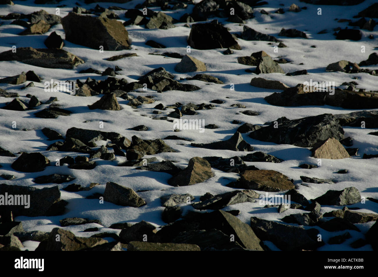 Snow between rocky scree Kharkhiraa Mongolian Altai near Ulaangom Uvs Aymag Mongolia Stock Photo ...