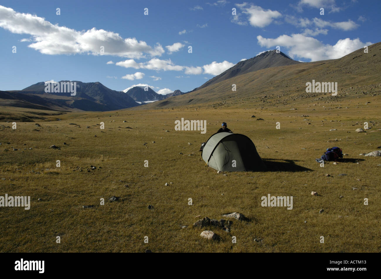 MR Trekking tent in the wide open steppe Kharkhiraa Mongolian Altai ...