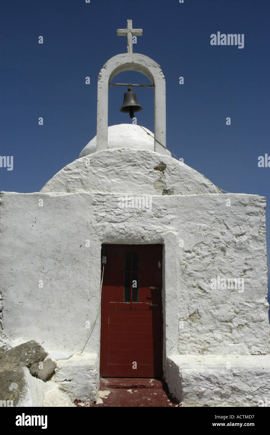 Front of white painted chapel on top of montain Dikeos Zia Island of ...