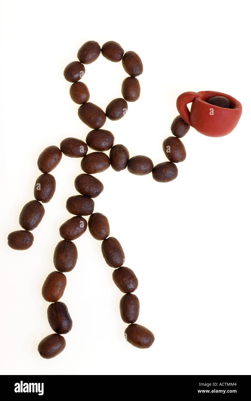Stick man of coffee beans holding a cup of coffee on white background ...