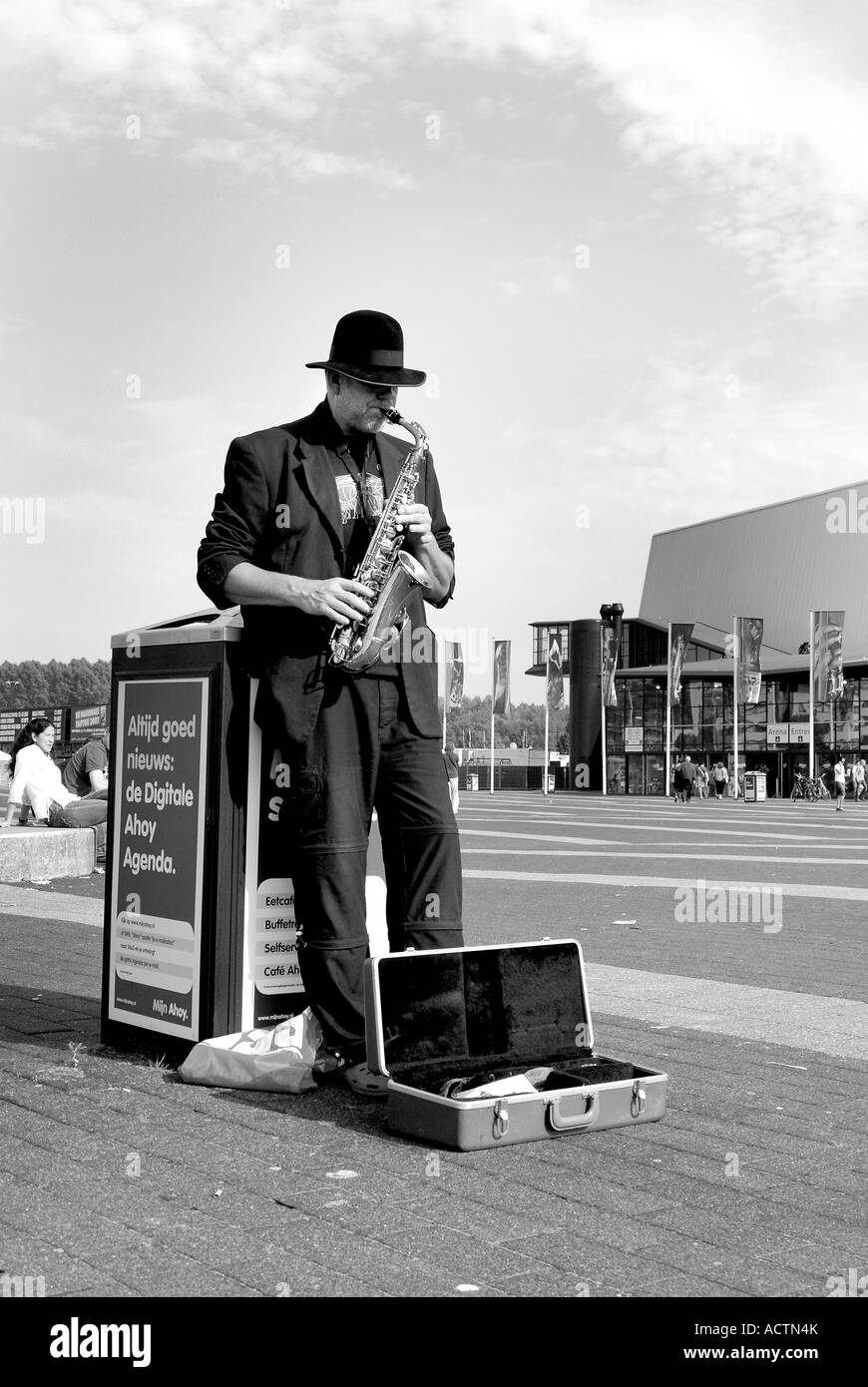 A Jazz Saxaphone busker plays outside at the North Sea Jazz Festival at ...