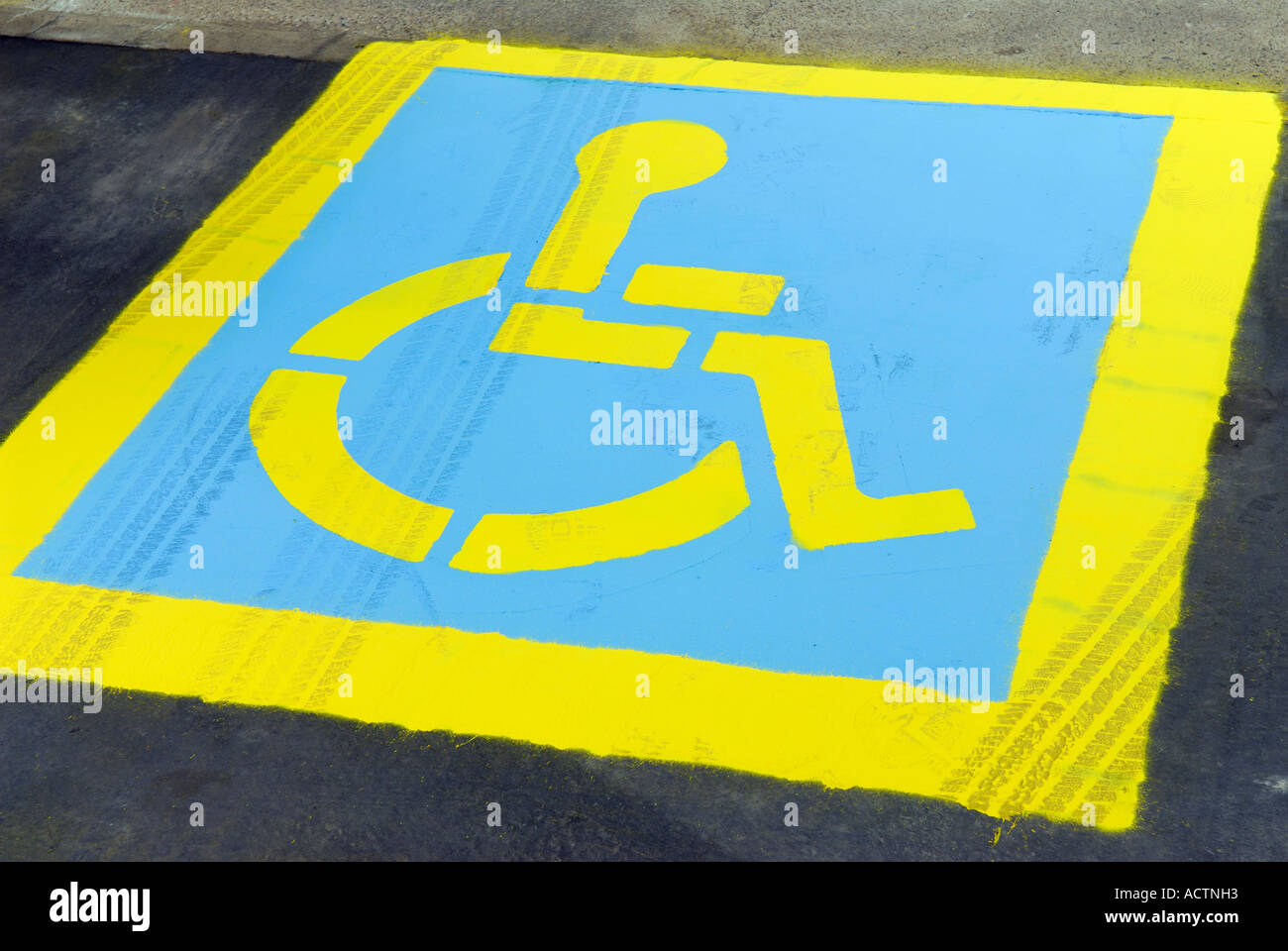 Fresh handicapped parking sign of person in wheelchair on pavement with ...