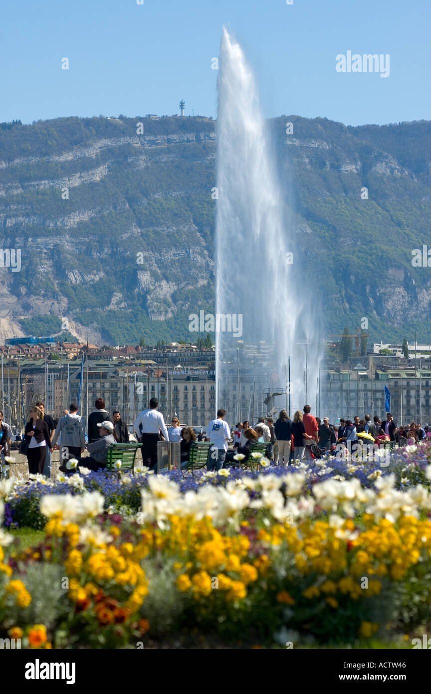 Spring in Geneva View at the Jet d Eau fountain and Mount Saleve Geneva ...