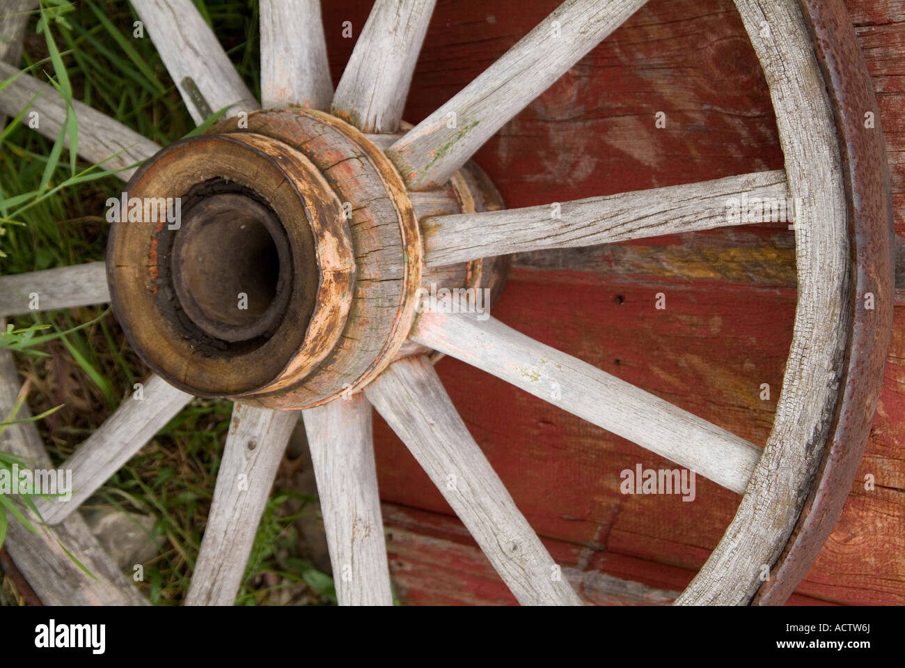 LANDSCAPE VIEW OF A SPOKED WHEEL OF A BUGGY WITH HUB SHOWING IN UPPER ...