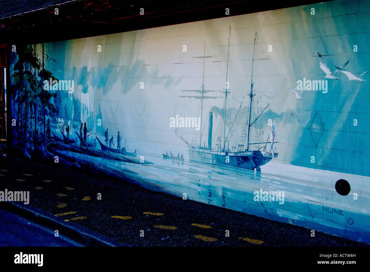 WALL MURAL OF EARLY 20TH CENTURY BIG SHIP AND SMALL BOATS OF FISHERMEN ...
