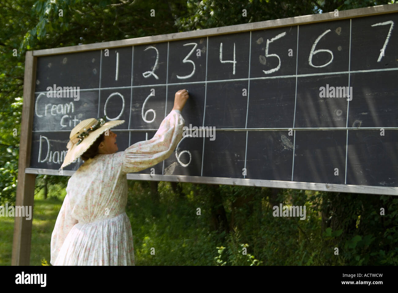 A WOMEN IS WRITING SCORE ON BLACKBOARD DRESSED IN WORLD WAR II ERA ...
