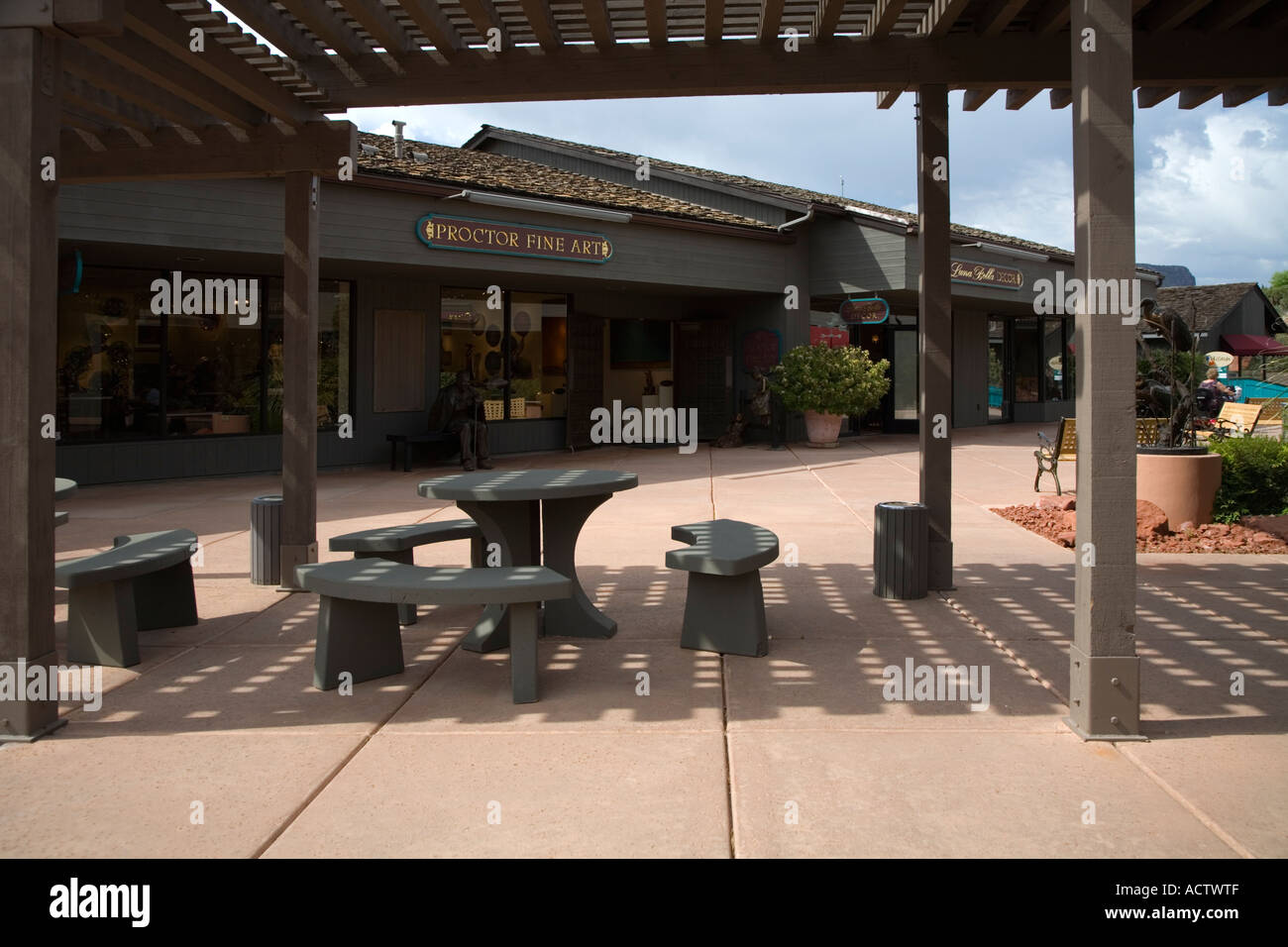 Table and benches under shaded area, Hillside, Sedona Arizona Stock ...