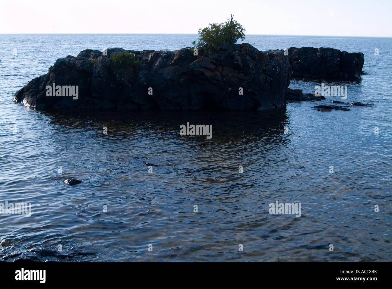 HUGE LAVA ROCKS IN LAKE WITH TREE GROWING ON IT Stock Photo - Alamy