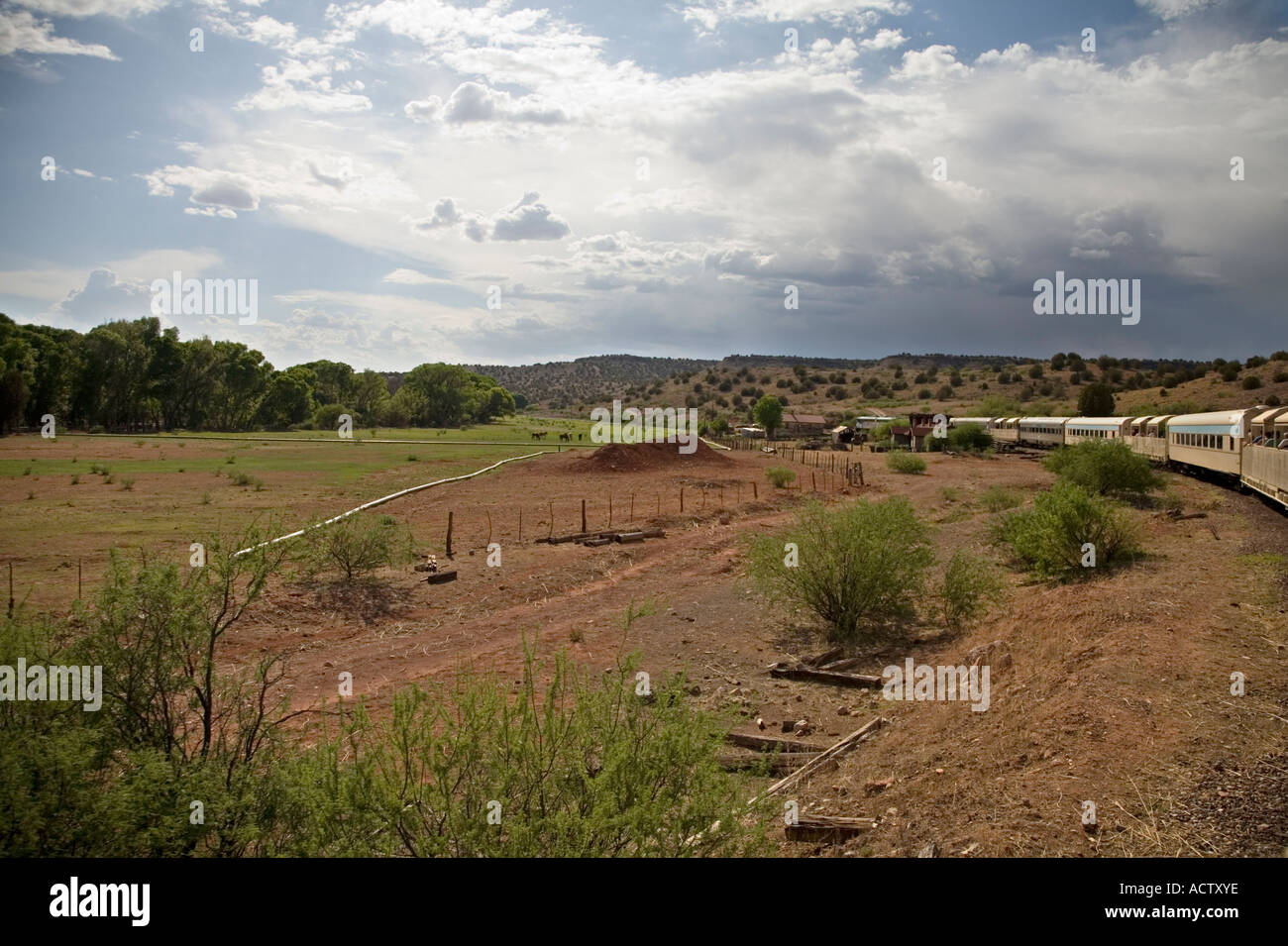 Train approaching Perkinsville ghost ranch around a curve, Verde Canyon ...