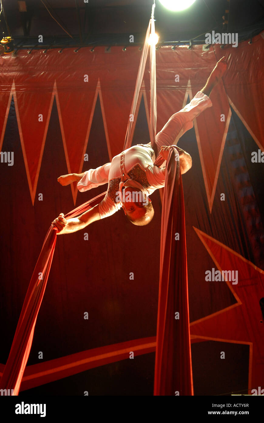 Circus acrobat performer tangled in red drapes Stock Photo - Alamy