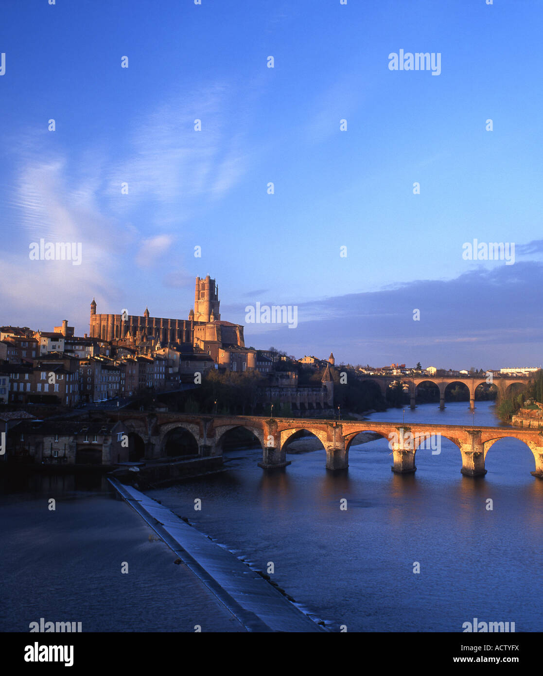 Albi general view with river Tarn Pont Vieux and Cathedral Languedoc ...