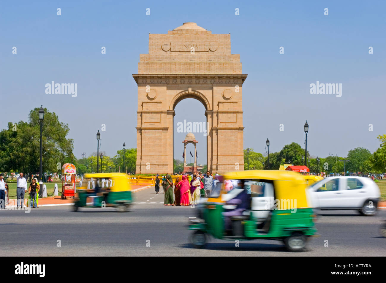 A view of the India Gate at the eastern end of Rajpath with auto ...
