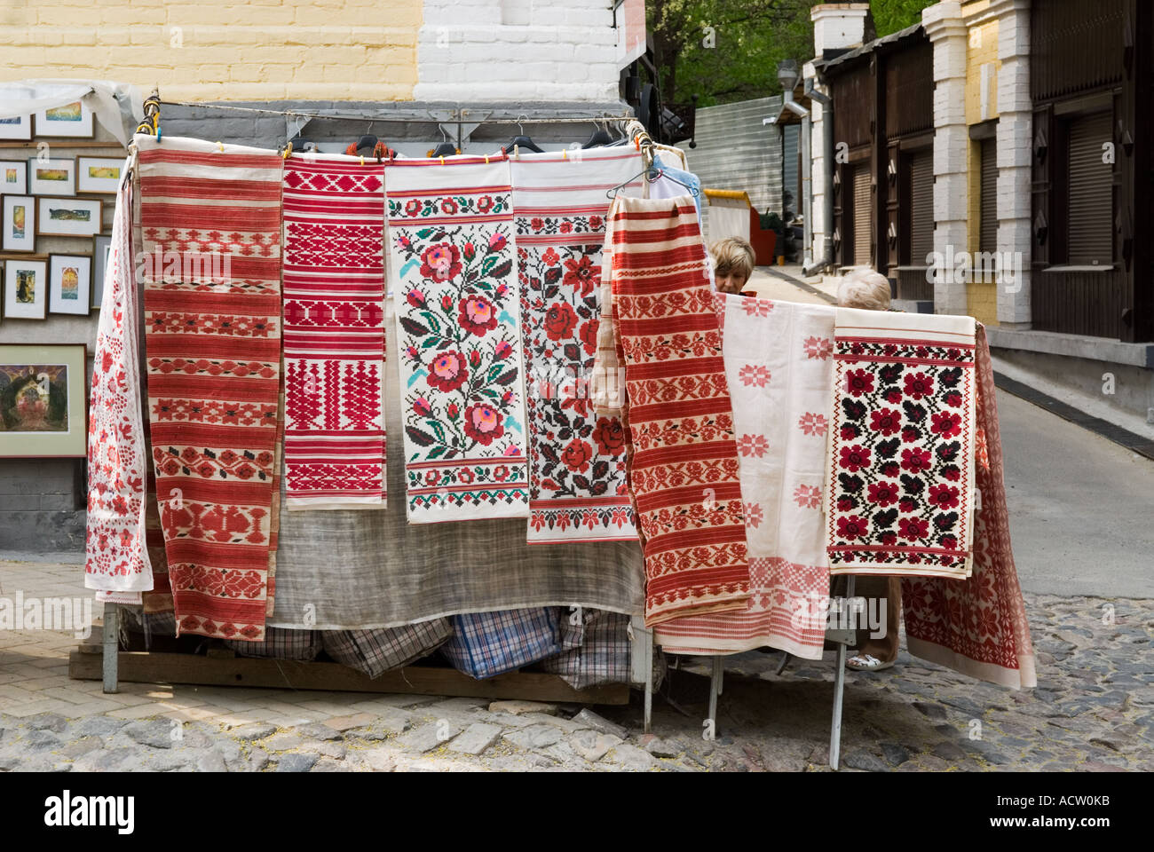 Embroidered and woven textiles for sale at Andriyvsky uzviz market Kiev ...
