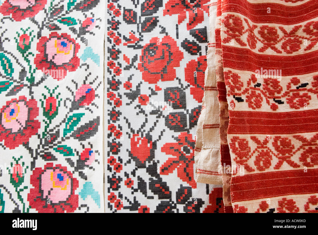 Embroidered and woven textiles for sale at Andriyvsky uzviz market Kiev ...