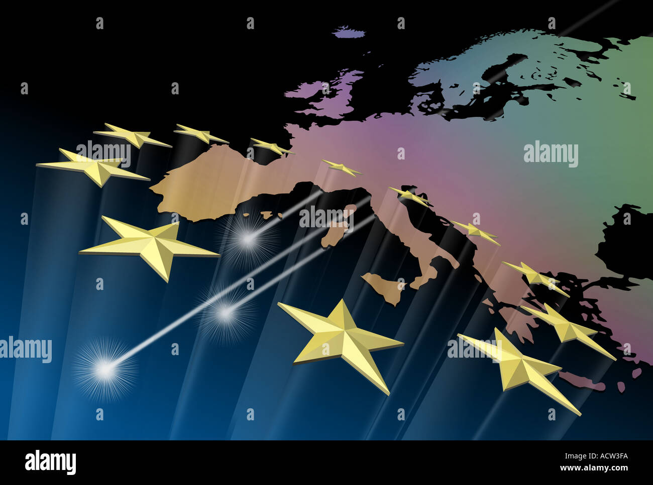 Shooting Stars behind Map of Europe in Soft Color Blends with Rising ...