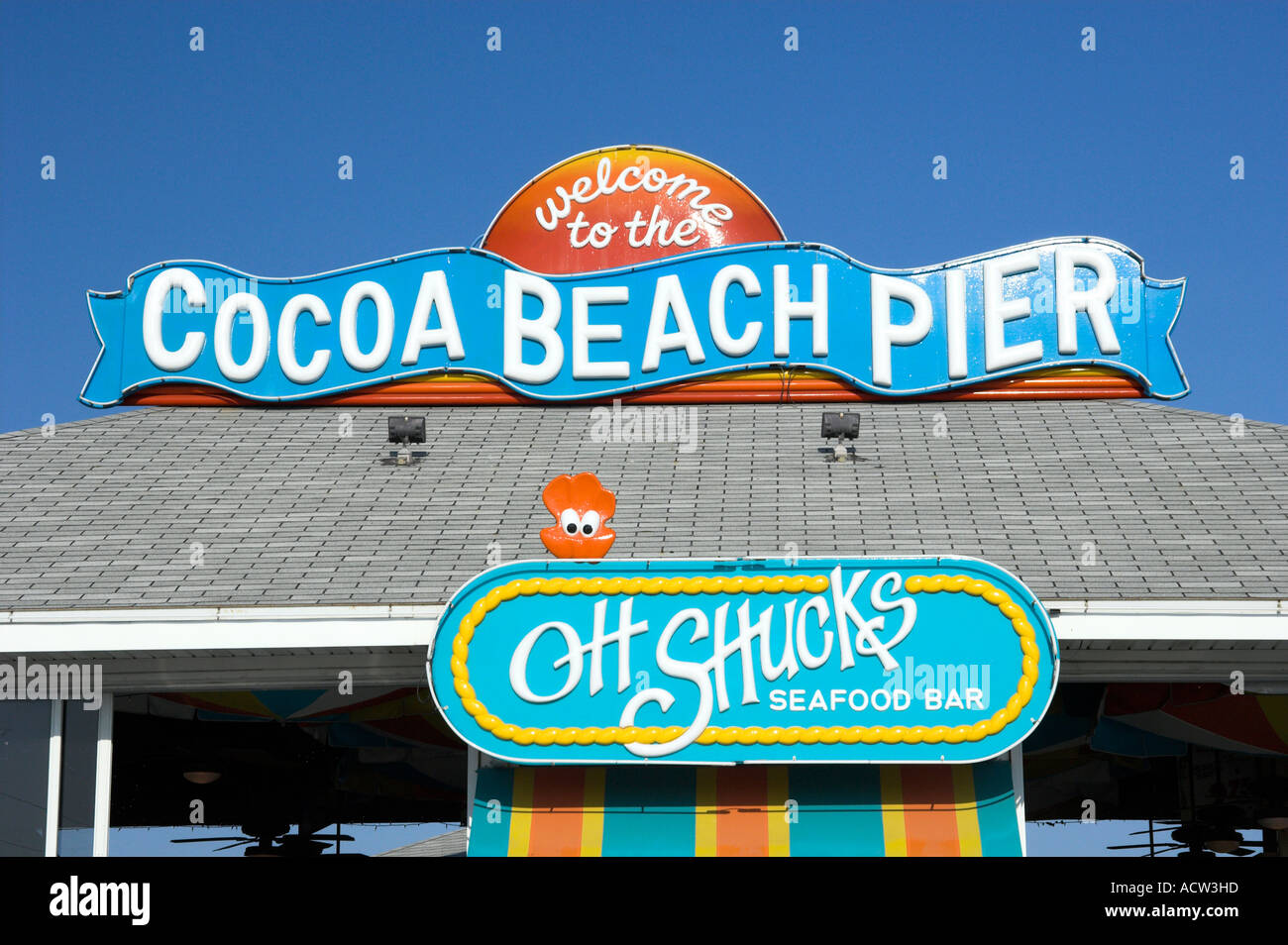 The Cocoa Beach Florida Pier and Seafood Bar sign Stock Photo - Alamy