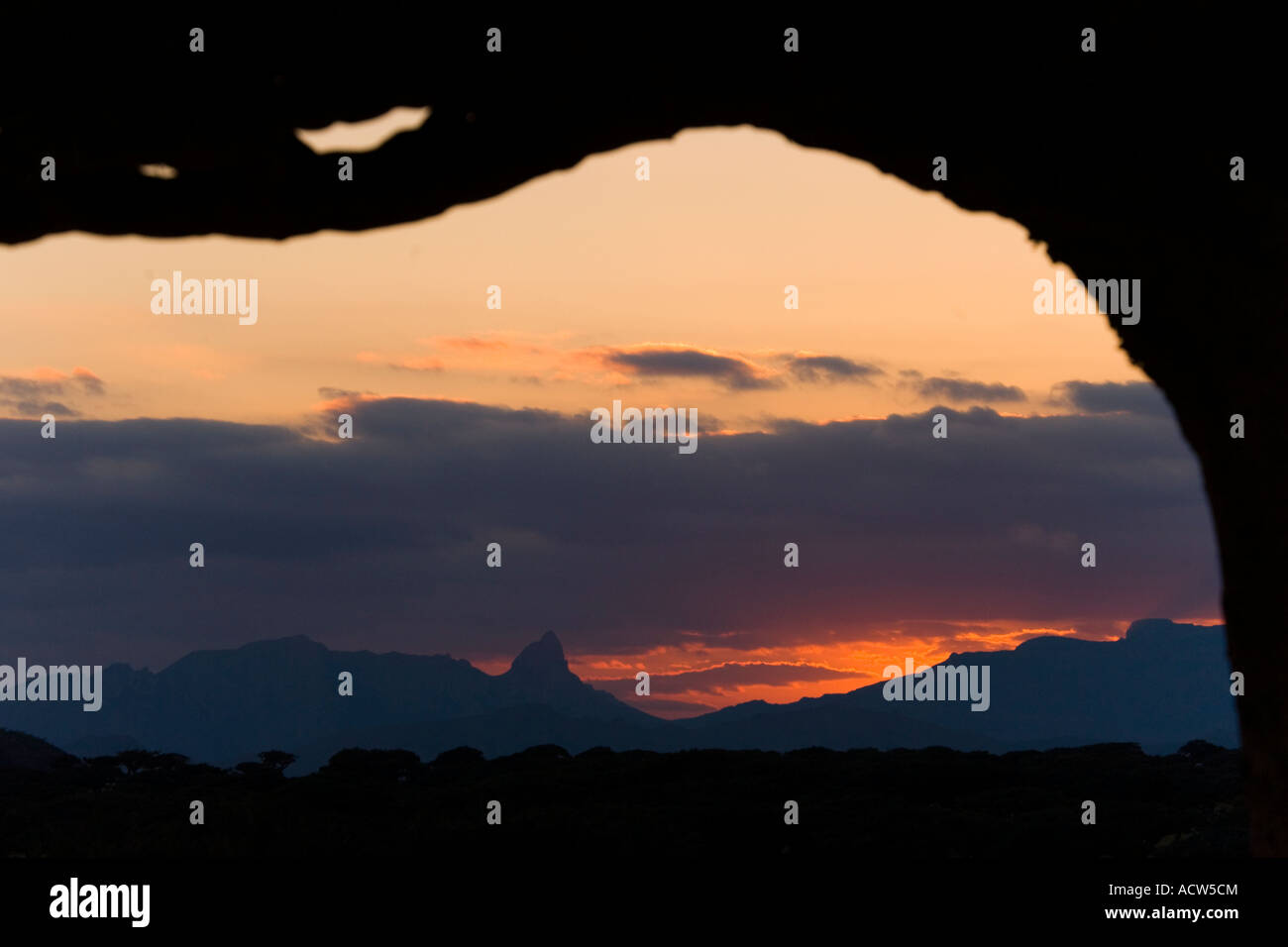 View of the Socotran Mountain Range at sunset from Homil Plateau ...