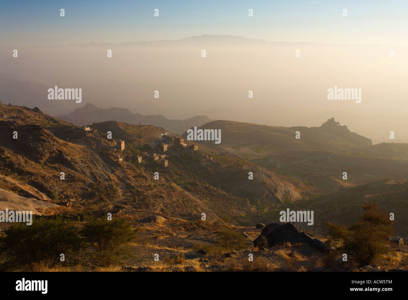 Panoramic view of the valley and villages near Al Hajjara in the Haraz ...