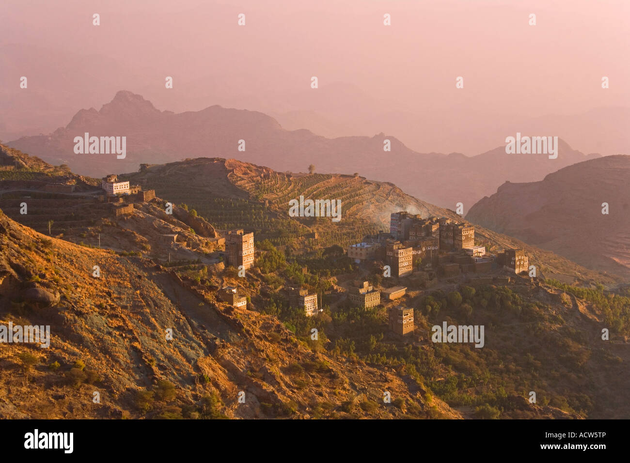 Panoramic view of the valley and villages near Al Hajjara in the Haraz ...