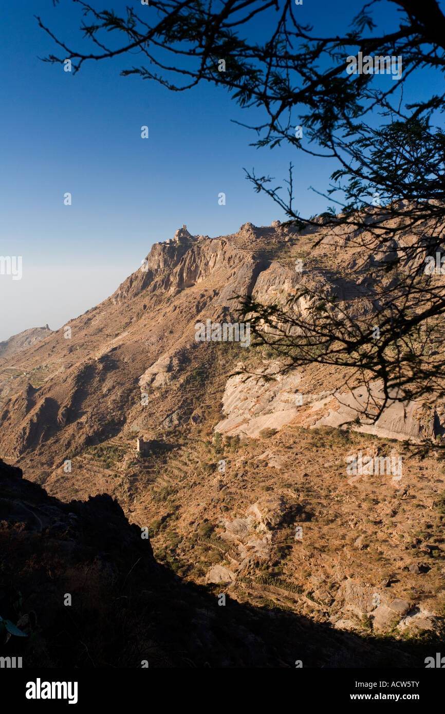 Panoramic view of the valley and villages near Al Hajjara in the Haraz ...