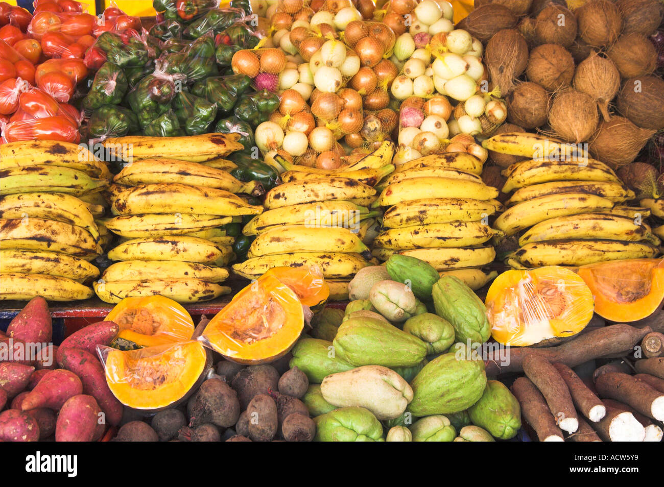 Colorful fruit and vegetable display at the floating market in ...