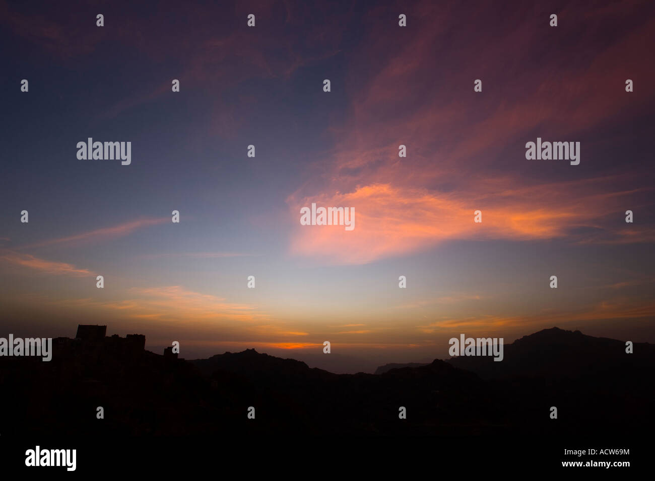 The clifftop village of Shahara up in the Haraz Mountains at sunset ...