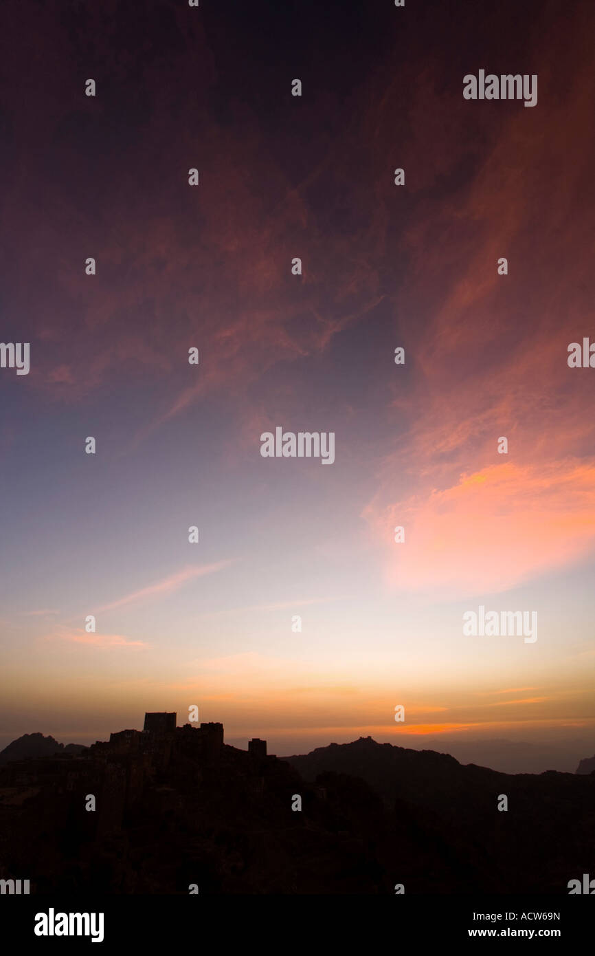 The clifftop village of Shahara up in the Haraz Mountains at sunset ...