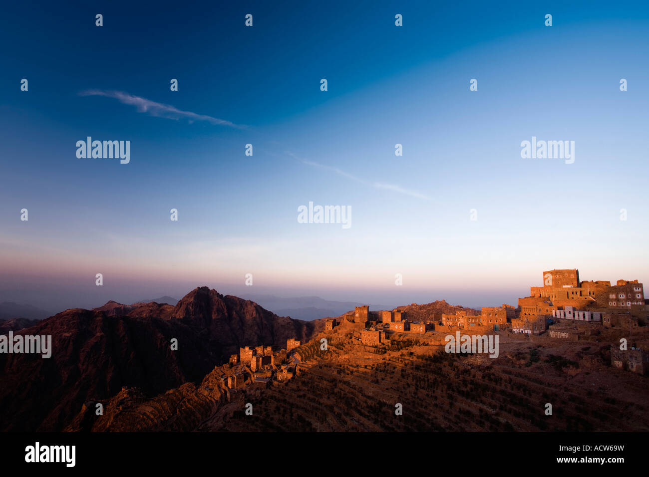 The clifftop village of Shahara up in the Haraz Mountains at sunrise ...