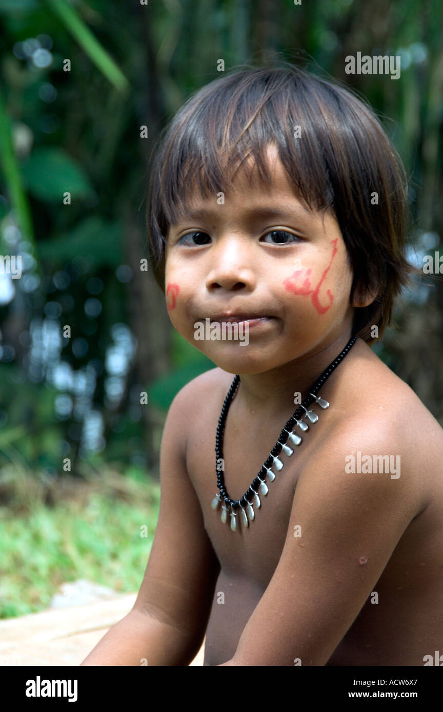 A young child in native dress at the Embera Indian Village near Colon ...