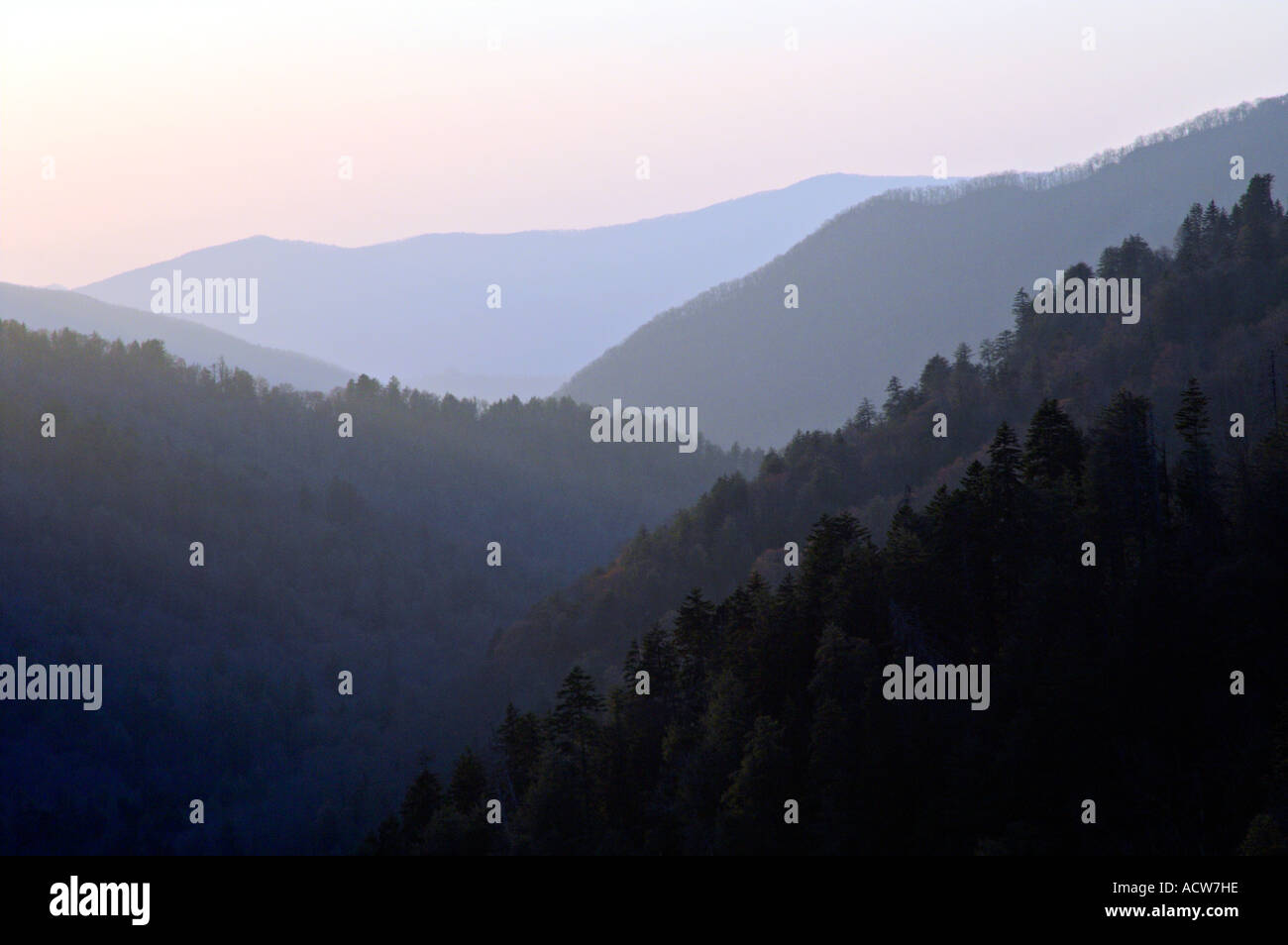 Layered mountains scenic at Newfound Gap at sunset in The Great Smoky ...