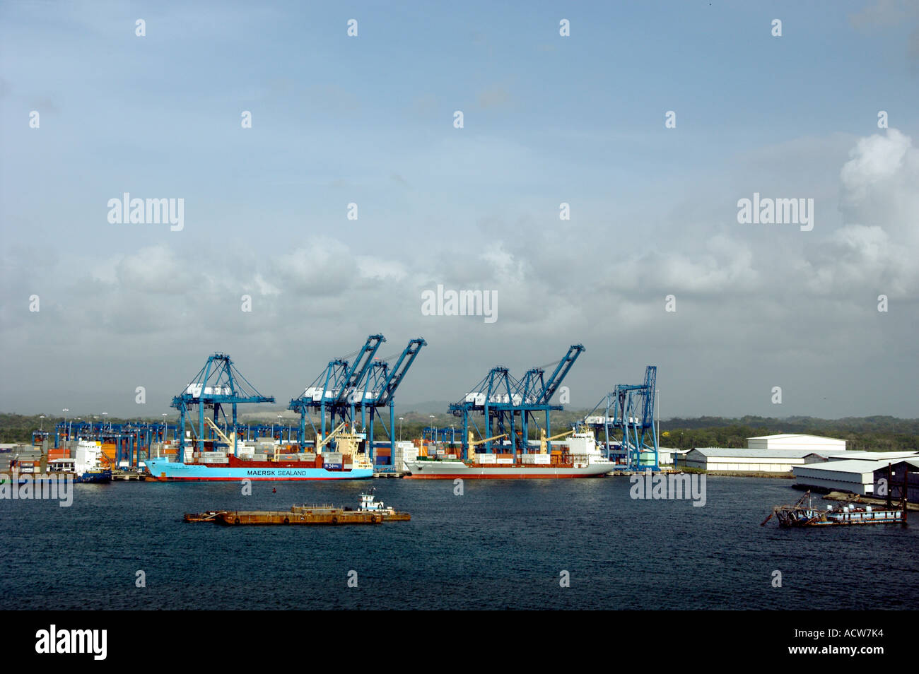 Container port facilities near the entrance to the Panama Canal at ...