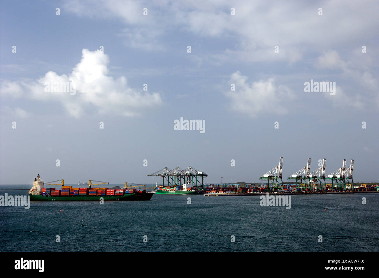 Container port facilities near the entrance to the Panama Canal at ...