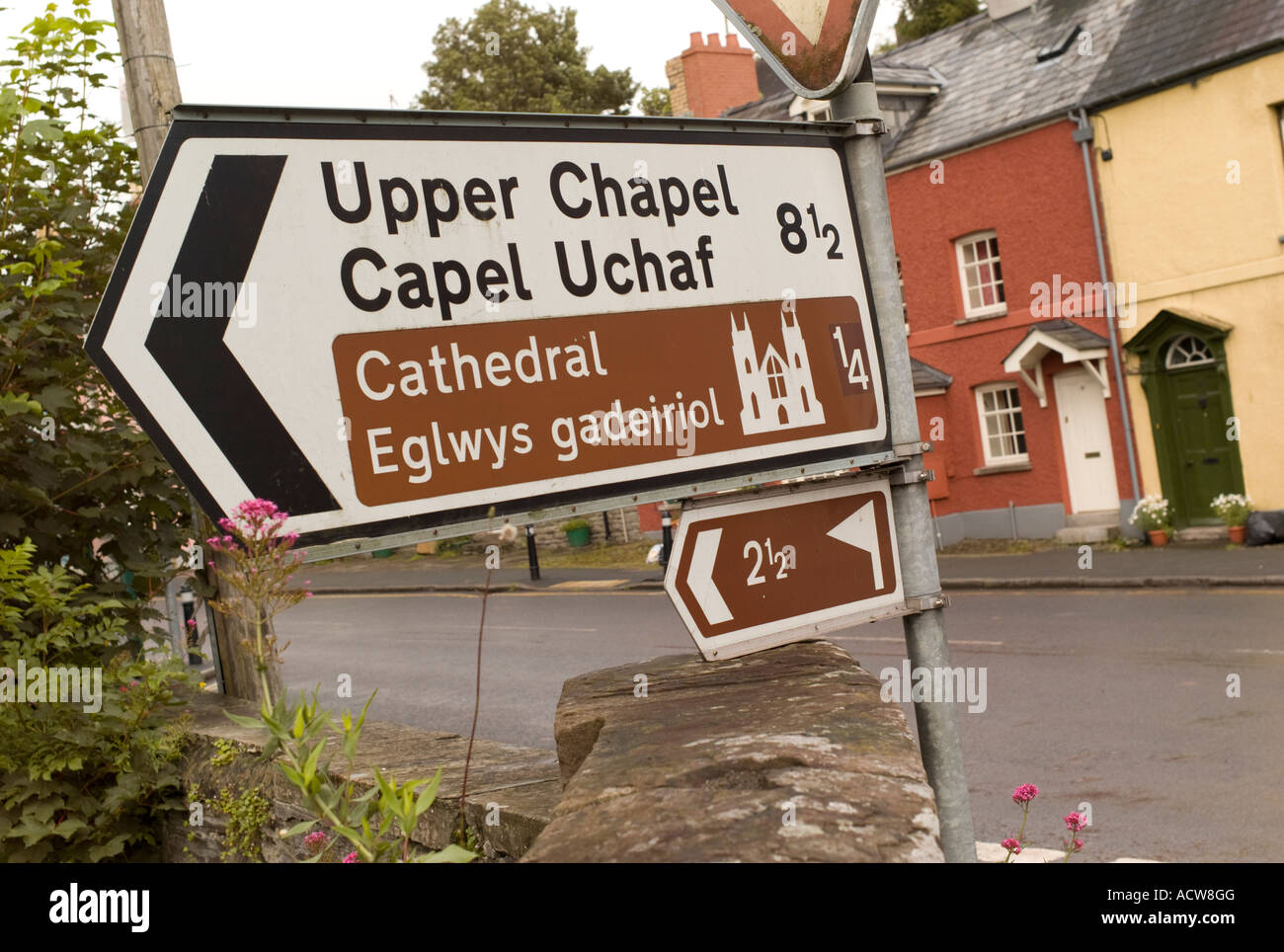 Brecon Powys - road sign for Upper Chapel (Capel Uchaf) and the ...
