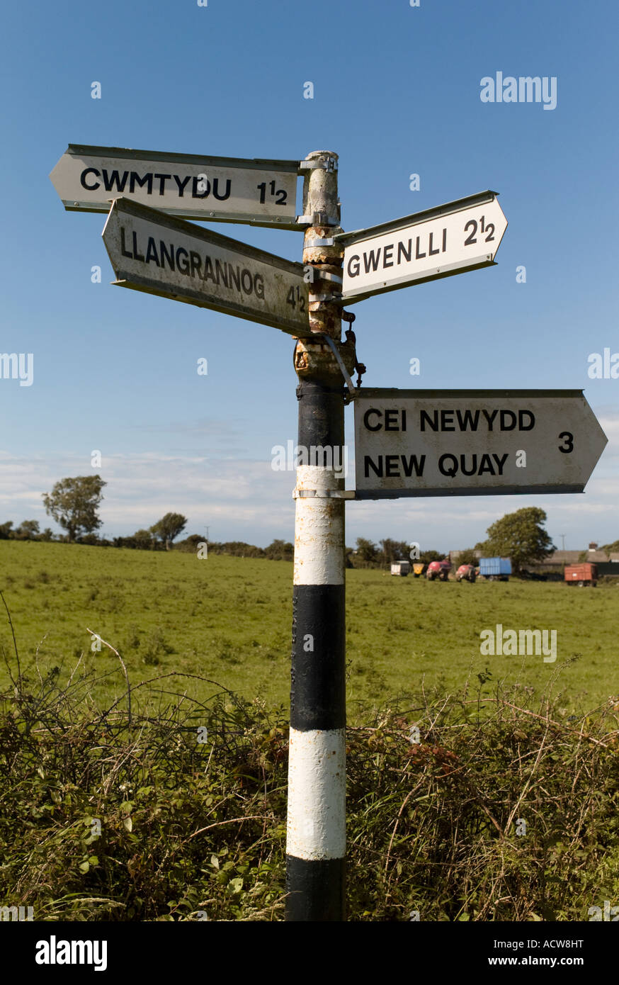 Sign post at remote rural isolated cross roads west wales Cwmtydu ...
